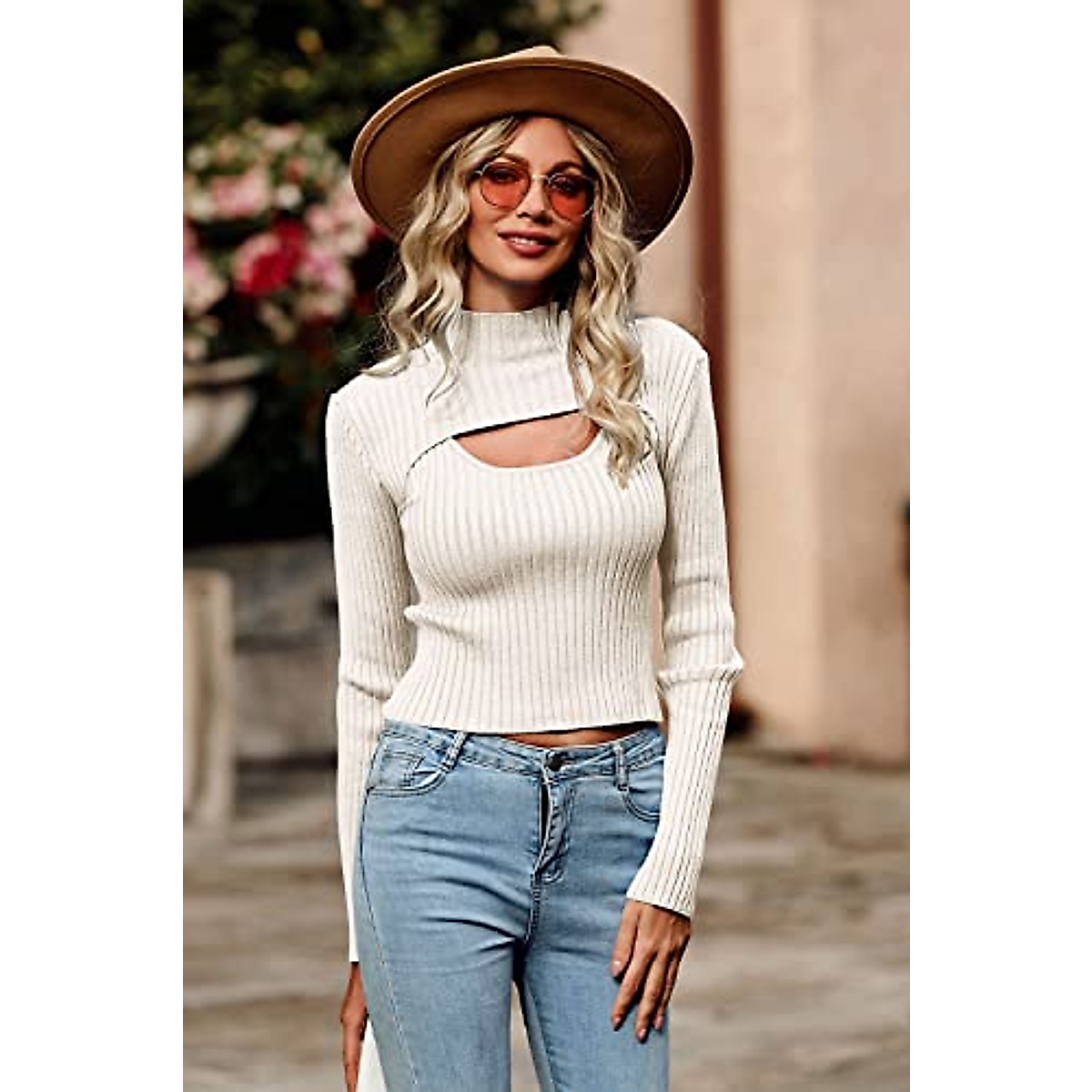 PRETTYGARDEN Women's 2023 Fashion Fall Clothes 2 Piece Cutout Tops Long Sleeve Mock Neck Rib Knit Winter Pullover Sweater (Beige White,Small)