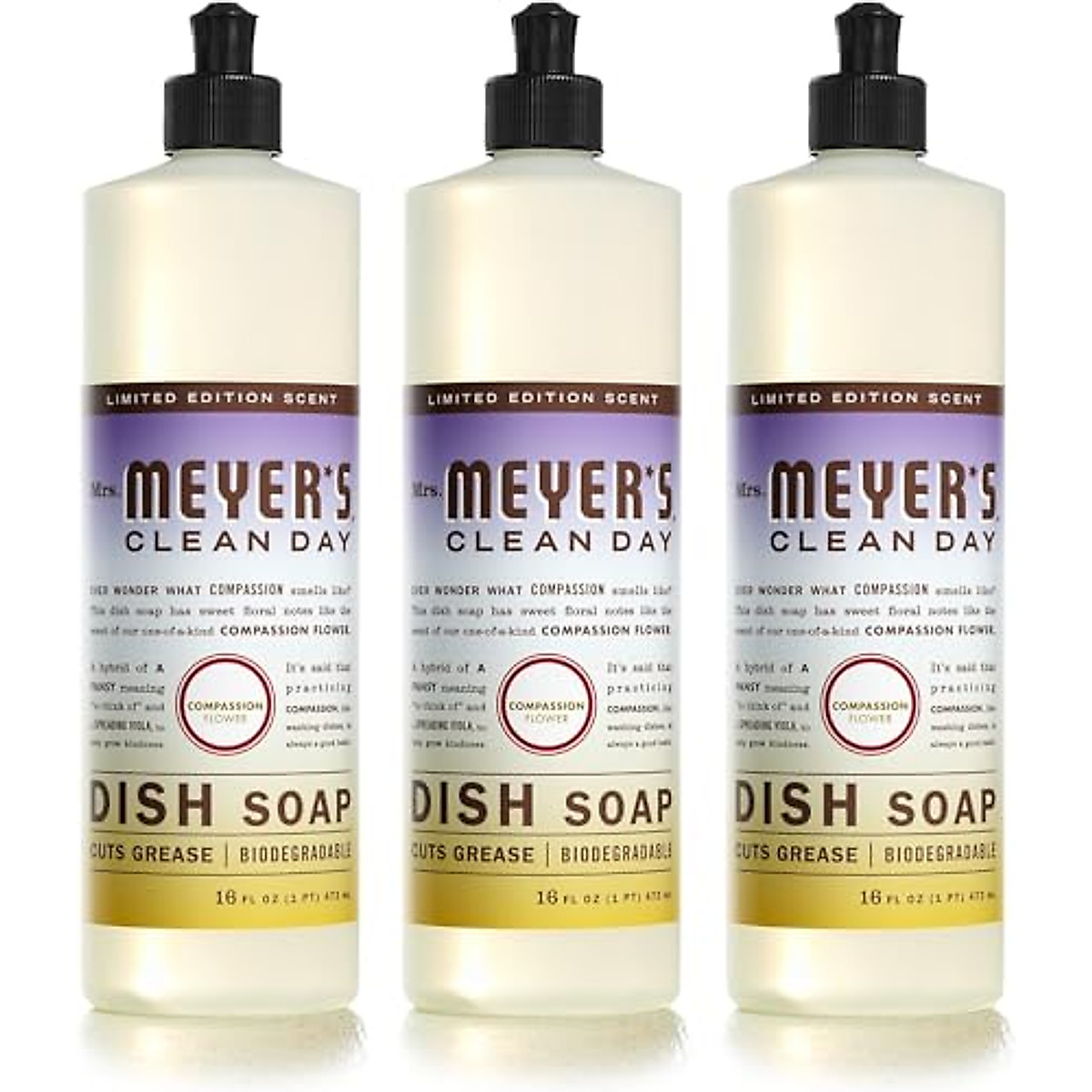 MRS. MEYER'S CLEAN DAY Liquid Dish Soap, Biodegradable Formula, Compassion Flower, 16 fl. oz - Pack of 3