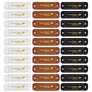 Nydotd 72 Pieces Handmade PU Leather Tags Handmade with Love Labels Crochet Tags with Holes for Handmade Items Embellishment Knit Accessories Sew on Label for Crochet Knitting Hats DIY Craft Supplies