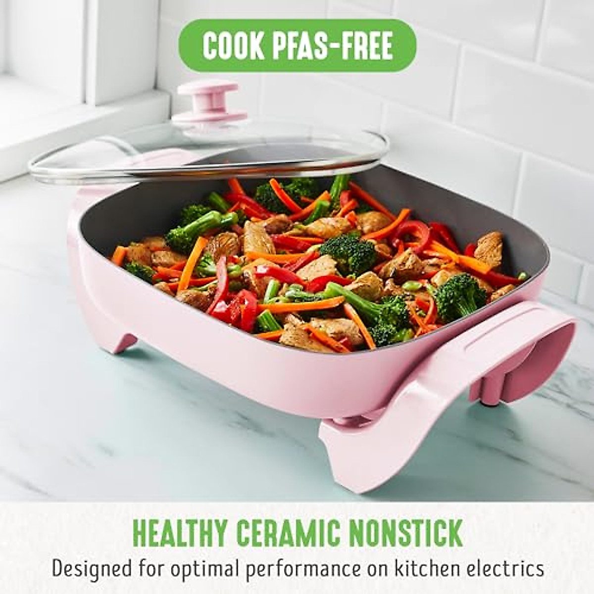 GreenLife Healthy Ceramic Nonstick, 12" 5QT Square Electric Skillet with Glass Lid, Dishwasher Safe, Adjustable Temperature Control, PFAS-Free, Pink