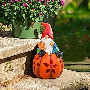 WONDHOME Solar Gnome Statues Spring Decor Pumpkin Gnomes with LED Lights Christams Gardening Gifts for Women Mom, Yard Art Sculpture for Patio Yard Lawn, Pumpkin Gnome