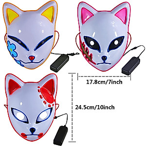 ZZXIAOJIE 3Pcs Demon LED Mask Costume Props Japanese Anime Plastic Fox Face Cosplay Glowing Masks for Adult Masquerade