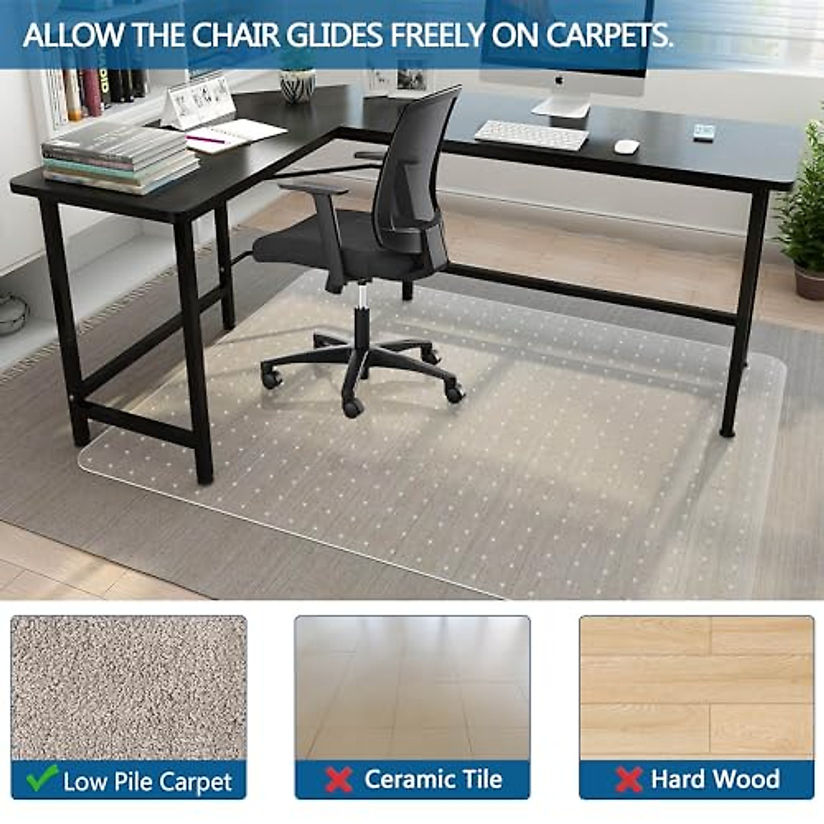 Office Chair Mats for Carpeted Floors, 46” x 60” Large Desk Floor Mat for Low Pile Carpet, Clear Floor Protector for Rolling Chair, Easy Glide, Easy to Clean (Rectangle)