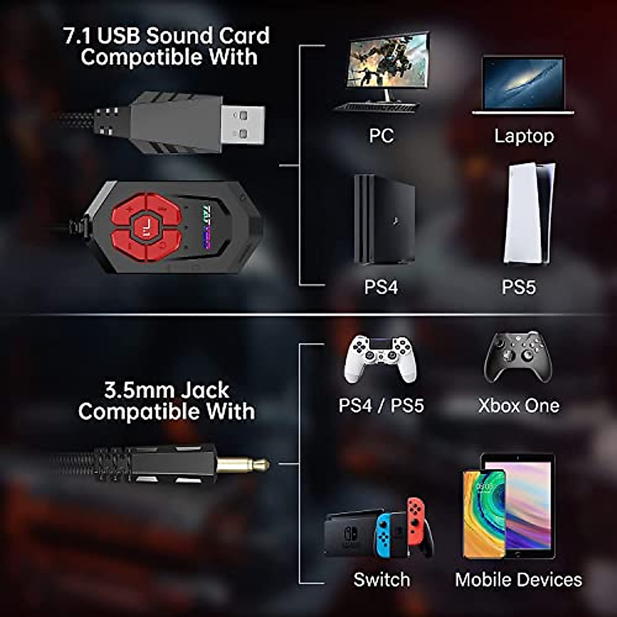 Tatybo 7.1 Surround Sound Gaming Headset for PC PS4 PS5 Switch, USB & 3.5mm PC Headset with Noise Cancelling Mic