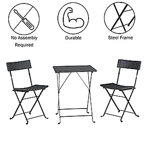 Lavish Home 80-OUTD BLK, Black Folding Patio Bistro Set – 3-Piece Rattan Wood and Steel Café Table and Chairs for Porch, Deck, Garden, or Balcony Furniture