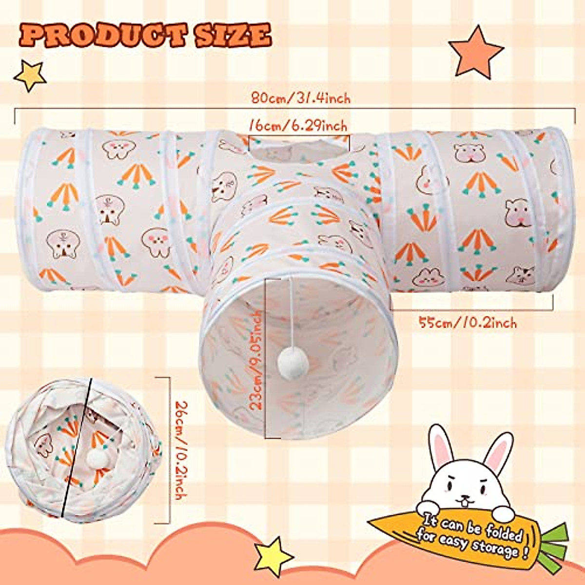 BWOGUE Bunny Tunnels & Tubes Collapsible Carrot Bunny Hideout Extra Large Small Animal Tunnel Toys for Dwarf Rabbits Bunny Guinea Pigs Kitty