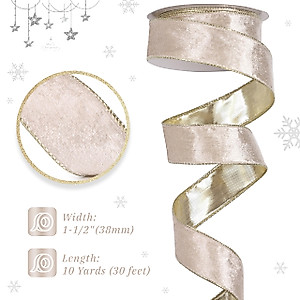 DINDOSAL Champagne Gold Velvet Ribbon Wired 1.5" x 10 Yards Champagne Christmas Wired Ribbon with Gold Back Tree Ribbon for Wreaths and Garlands, Topper Bows, Crafts, Home Decor, Gift Wrapping