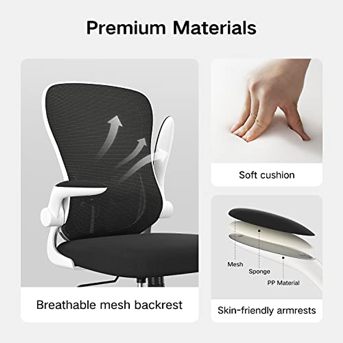 Hbada Ergonomic Office Chair Work Desk Chair Computer Breathable Mesh Chair with Adjustable Lumbar Support and Flip Up Arms, White