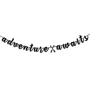 Adventure Awaits Banner - The Adventure Begins, Graduation / Retirement Birthday Baby Shower Travel Theme Party Decoration Supplies Black Glitter.