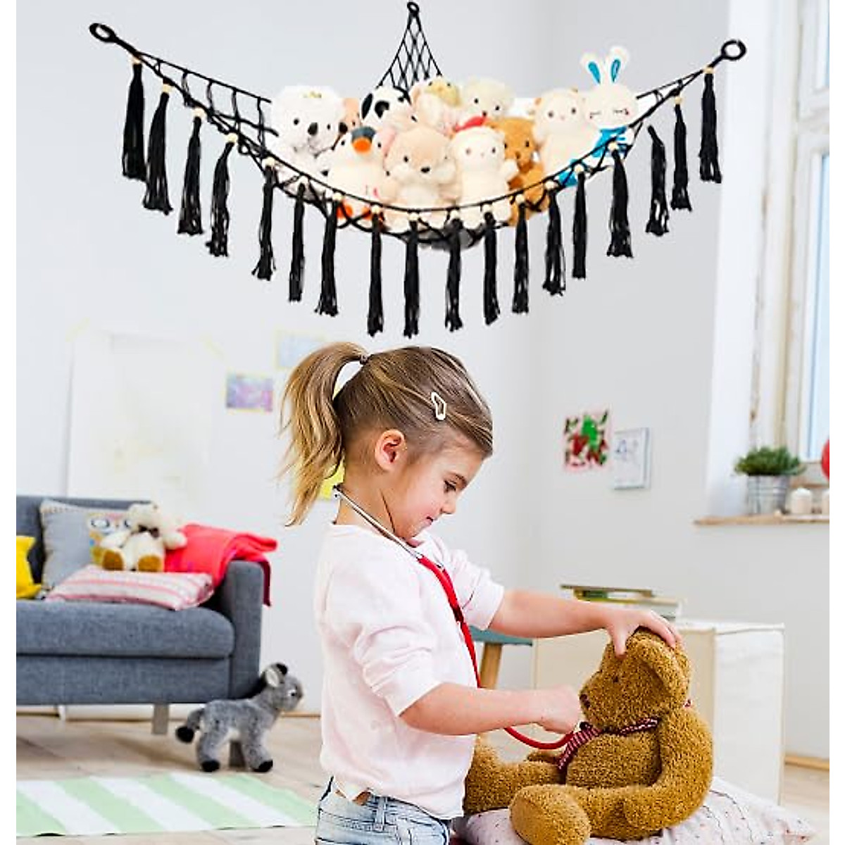 EOESFCB Stuffed Animals Net or Hammock Toy Hammock Boho Stuff Animal Storage Corner Hanging Net Holder Macrame Mesh Hammock Plush Toy Organizer with Tassel for Bedroom Nursery Decor - Black
