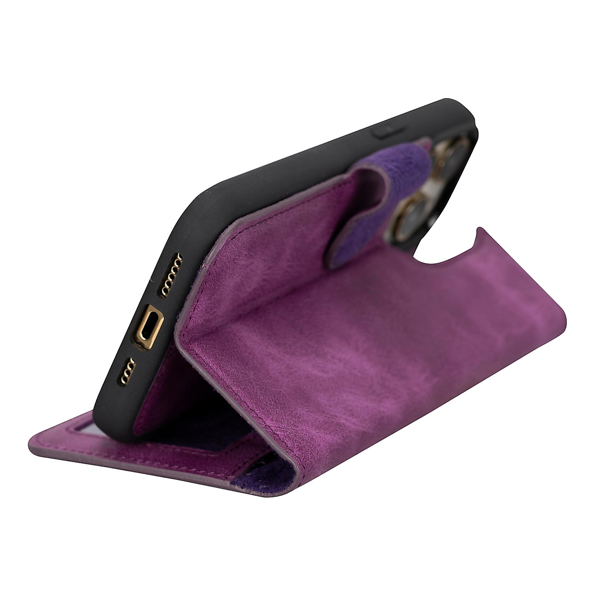 HARDISTON Genuine Leather Handmade Wallet Case Compatible with iPhone 15 Pro Max - MagSafe Compatible - Detachable Magnetic Flip Cover with Card Holders - Horizontal Kickstand (Purple)