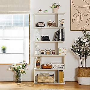 TinyTimes 5-Tier Wooden Bookcase, S-Shape Display Shelf and Room Divider, Freestanding Decorative Storage Shelving, 63'' Tall Bookshelf -White