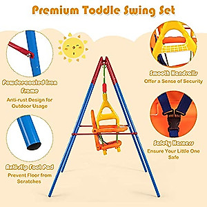 Costzon Toddler Swing Set, Outdoor A-Frame Swing for Backyard with Safety Harness and Handrails, Swing Stand Frame with Anti-Rust Frame for Outdoor Garden Backyard Kindergarten (Swing with Handrails)