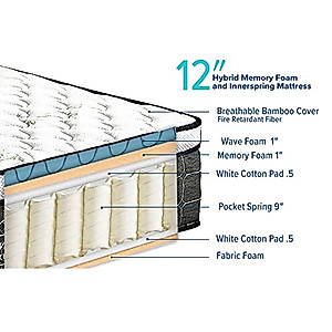 Swiss Ortho Sleep, 12'' Inch Memory Foam and Innerspring Hybrid Medium-Firm Plush Mattress/Bed-in-a-Box/Pressure Relieving Bliss, Queen, White