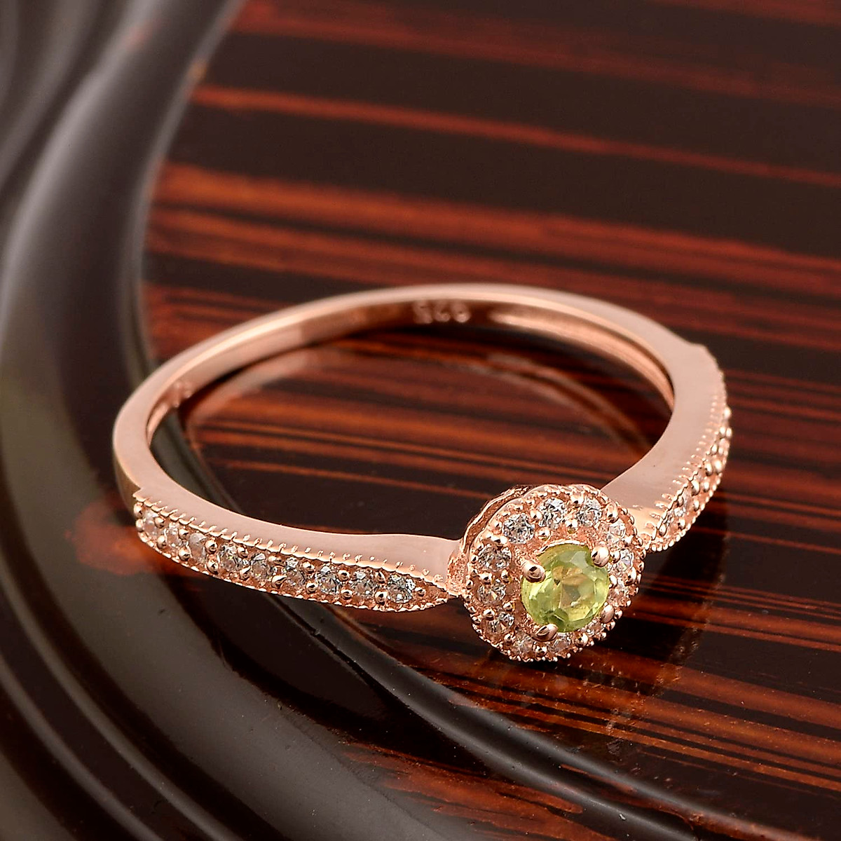 MOONEYE 3MM Round Shape Peridot Gemstone 925 Sterling Silver Rose Gold Vermeil Solitaire Accents Women Ring (Rose Gold vermeil, 10)
