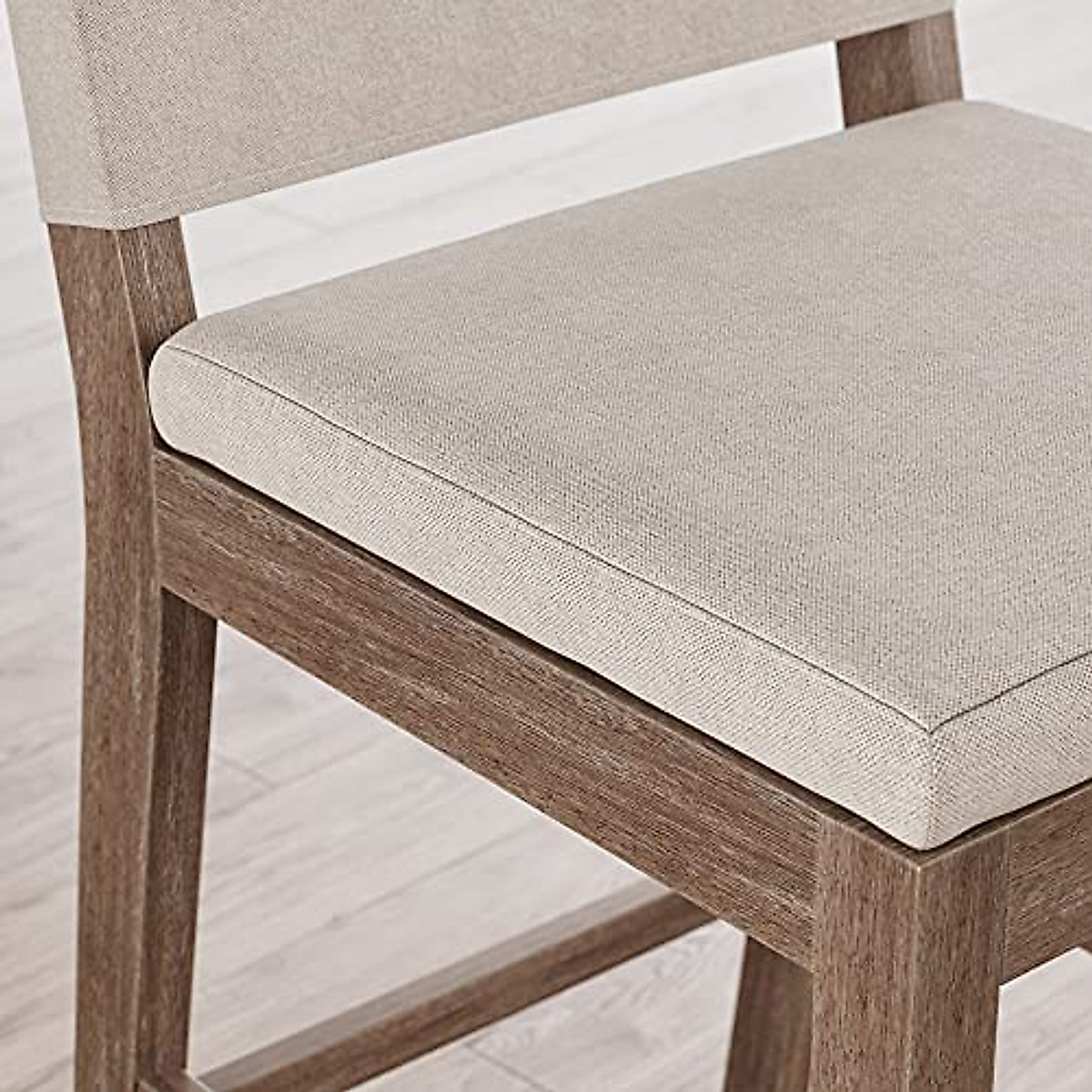 Linus Modern Upholstered Counter Height Bar Stool with Back and Solid Rubberwood Legs in a Wire-Brushed Grey Finish, Natural Flax/Brown