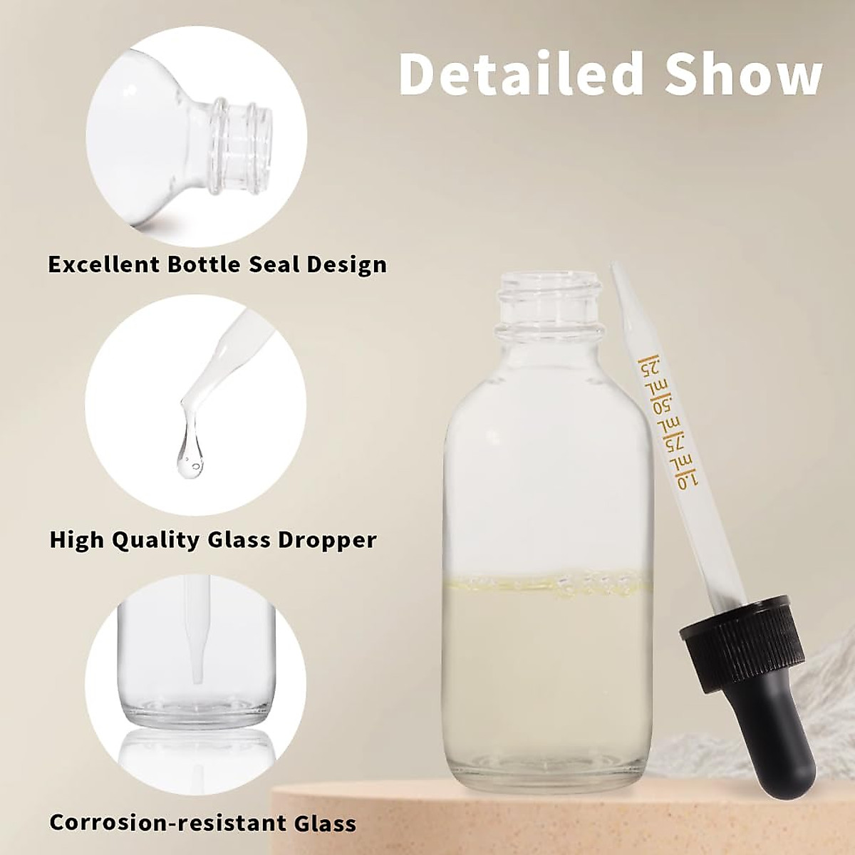 StellaCare 2 Pcs, 2 ounce Dropper Bottle, Glass Bottle, Small Glass Bottles with Lids Clear Glass Jars