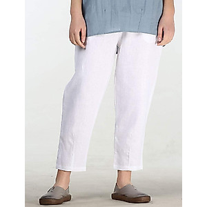 LaovanIn Women's Linen Cropped Pants Tapered Ankle Capris Trousers Elastic Waist Large White