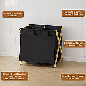 2-Section Extra Large Laundry Hamper with Lid, 125L (33 Gal) Divided Dirty Clothes Laundry Basket with Bamboo Frame, Double Hampers Organizer for Laundry Room, Bathroom, Bedroom, Black