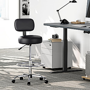 SUPERJARE Drafting Chair with Back, Adjustable Foot Rest Rolling Stool, Multi-Purpose Office Desk Chair, Thick Seat Cushion for Home Bar Kitchen Shop - Black