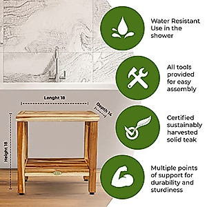 EcoDecors Earthy Teak Shower Bench Wooden Seat Eleganto Garden Bench 18″ Length Natural Teak Shower Seat with Shelf Wood Shower Bench for Indoor and Outdoor Use
