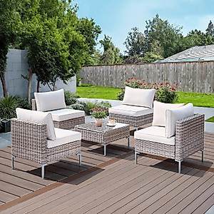 LuxaDomus Patio Furniture Set 5 Pieces, Outdoor Patio Conversation Set with Patio Table, Wicker Outdoor Sofa with Thickened Cushion, PE Rattan Outdoor Furniture Sectional Couch for Garden Backyard