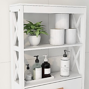 OQSC Bathroom Shelf Over The Toilet X- Frame Bathroom Organizer with 1 Drawer and Open Shelves Bathroom Space Saver(White)