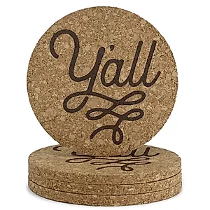 Y'all Texas Coaster Set Cork 3.5 Inch Coasters - 4 Texas Coasters Texas Gift