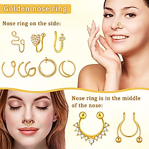Junkin 12 Pieces nose ring chain Jewelry Stainless Steel Nose Chain Nose Cuff Fake Septum Fake Nose Ring Hoop Fake Septum Ring Non Piercing Nose Rings Gold for Women and Men
