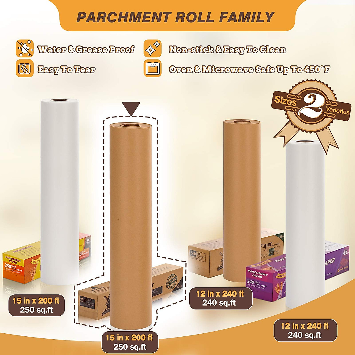 Unbleached Parchment Paper for Baking, 15 in x 200 ft, 250 Sq.Ft, Baking Paper, Non-Stick Parchment Paper Roll for Baking, Cooking, Grilling, Air Fryer and Steaming