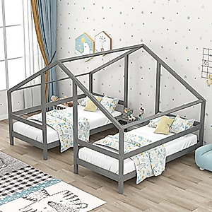Double Twin Size Platform Beds with Built-in Table,Wood House Twin Beds Frames with Canopy Triangular Roof for Kids Teens Adults,Wood Slats Support/No Box Spring Needed,Gray