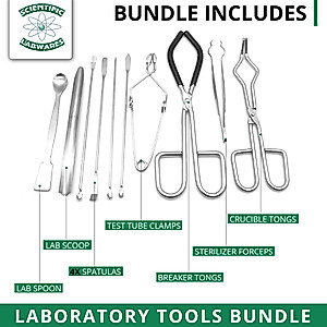 Scientific Labwares Essential Lab Tools Starter Pack - Crucible Beaker Tongs Lab Spatula Scoop Spoon Test Tube Clamps Sterilizer Forceps Tweezers - Premium Quality