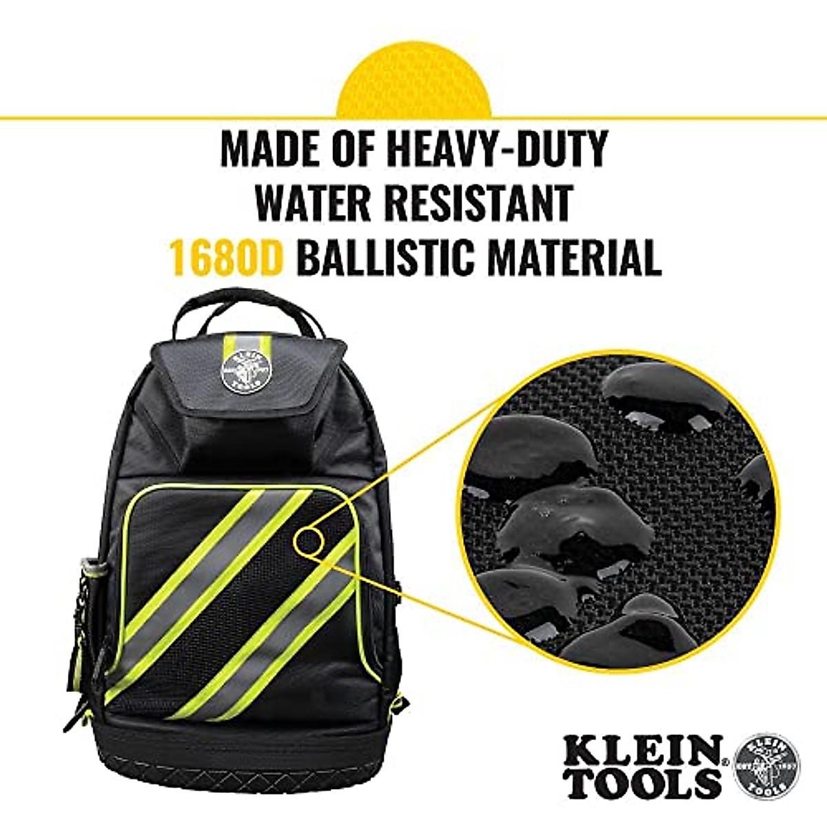 Klein Tools 55597 Tool Bag Backpack, Tradesman Pro Tool Organizer with 39 Pockets, Reflective Hi Viz, Padded Shoulder Straps, Molded Base