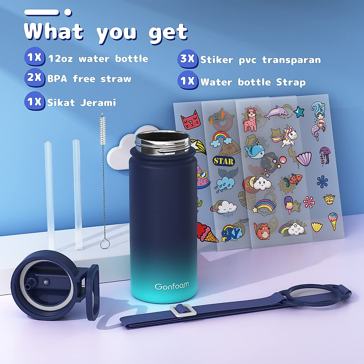 Kids Water Bottle, 16oz Water Bottles Kids with Straw and Stickers, Stainless Steel Vacuum Double Wall Insulated cup, Kids Water Bottle for School, Gifts for Boys(Navy blue)