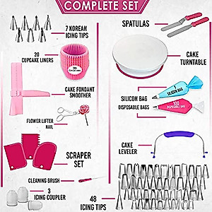 Gift For Women-Cake Decorating Supplies Kit for Beginners RFAQK 200PCs -Cake Turntable with 48 Numbered Piping &7 Korean Tips(Pattern chart included)-Straight & Offset Spatula-Leveler &Baking tools