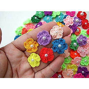 ICRAFY 's Brand 20 Pcs. Assorted Tiny Crochet Flower with Pearl Fabric Cotton Satin Craft Sewing Appliques DIY Diameter 12 mm.