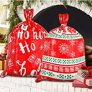 Large Christmas Gift Bag for Christmas Presents- 6Pcs Jumbo Plastic Christmas Red and White Gift Bags with Gift Tags and Ribbon for Christmas Big Gift Wrapping Holiday Goody Bag Party Favor Supplies