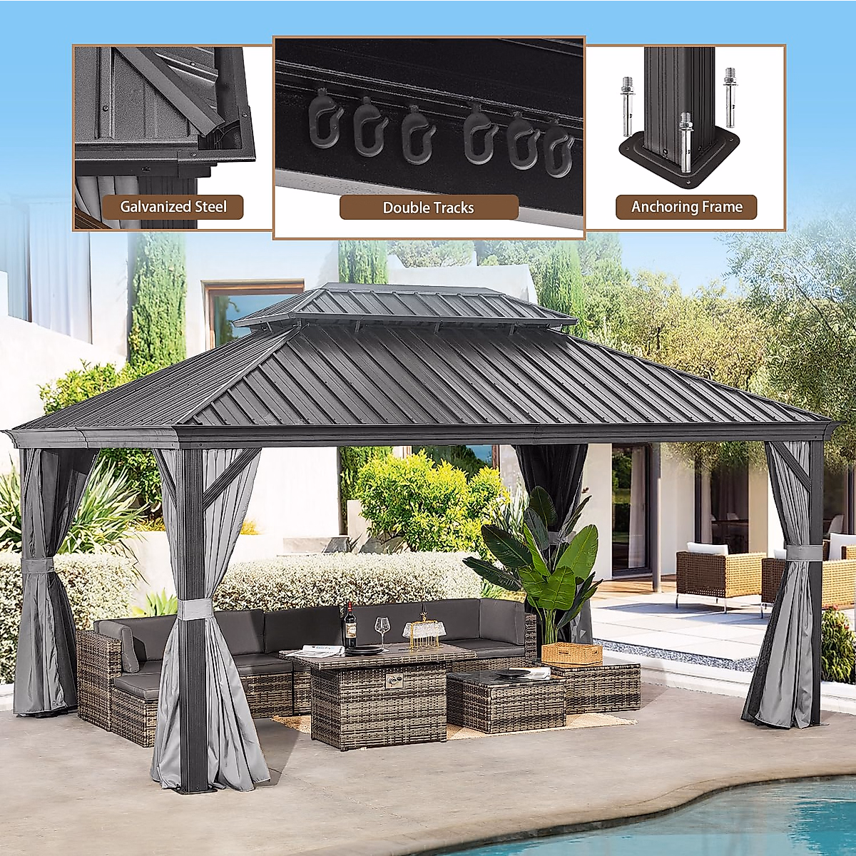 oneinmil 12x16FT Outdoor Gazebo, Heavy Duty Metal Double Roof Hardtop Gazebo with Aluminum Frame and Netting and Curtains for Patios