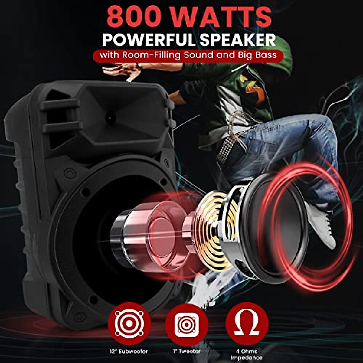 Pyle 12'' Portable Bluetooth Speaker System - 800 Watts - Karaoke Speaker w/ Latest DJ LED Lights, USB/FM/BT/Aux/Remote Control/Mic Inputs & Built-in Rechargeable Battery PPHP1243B