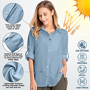 Women Long Sleeve Sun Protection Shirts, UV Fishing Hiking Button Safari Dry Quick Lightweight Lightweight,5019 Blue,Small