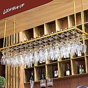 HLL Wine Racks,Wine Glass Rack Hanging, Height Adjustable Ceiling Wine Bottle Holder for Bar Champagne Storage Rack 5 Sizes,Gold,L-120Cm