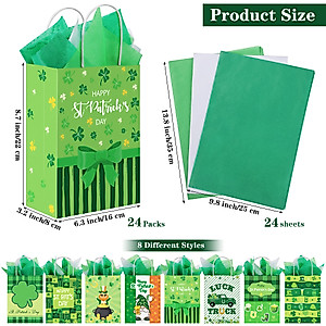MIMIND 24 Pack St. Patrick's Day Gift Bags with 24 Sheets Tissue Paper Irish Green Clover Goodie Treat Bags with Handle Shamrock Theme Party Favor Bags for St. Patrick's Day Party Supplies, 8 Designs