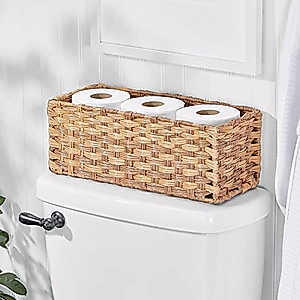 mDesign Rustic Farmhouse Woven Toilet Paper Holder Basket - Small Storage Organizer Tank Topper for Bathroom Counter or Top of Toilet - Holds 3 Rolls of Toilet Paper - Camel Brown