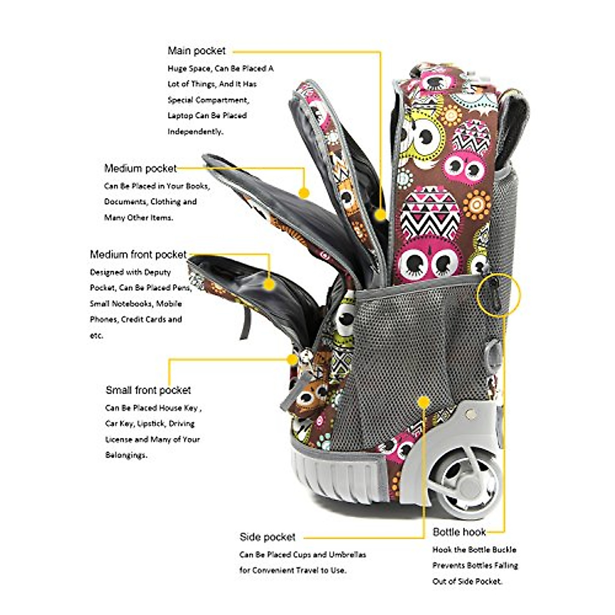 Tilami Kids Rolling Backpack 18 inch Boys and Girls Laptop Backpack, Owls