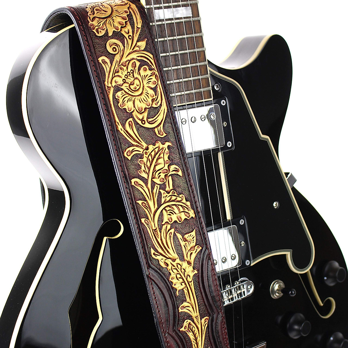 Walker And Williams LHR-37 Handmade Blood Red Premium Carving Leather Guitar Strap With Bright Gold Western Sheridan Carving Pattern And Padded Leather Back For Acoustic, Electric, And Bass Guitars