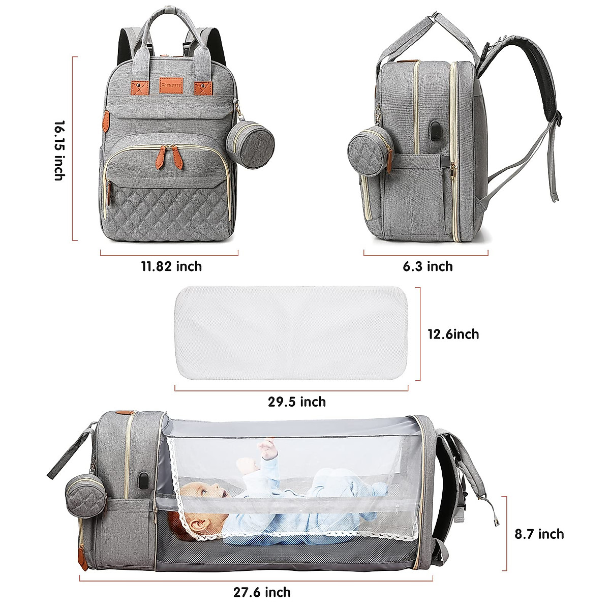 HB HOMEBOAT Diaper Bag with Changing Station,Baby Diaper Bags for Baby Boy Girl Large Diaper Bag Multifunctional Large Diaper Backpack Baby Mom Bag with Bassinet Stroller Straps - Grey
