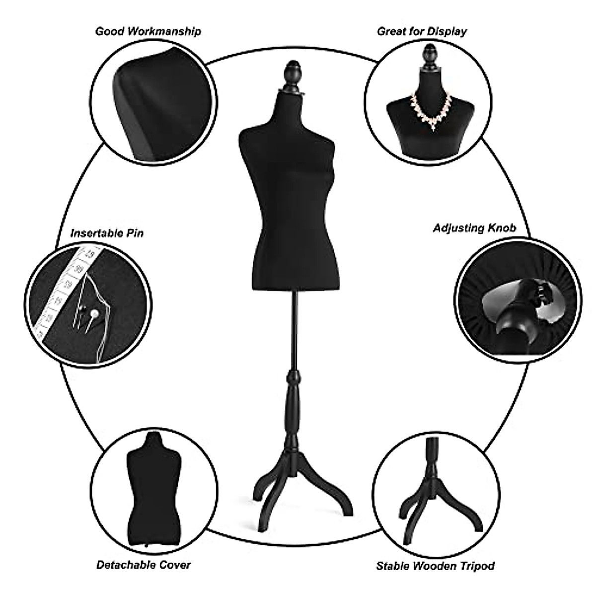 Female Mannequin Torso with Adjustable Tripod Stand, 2 in 1 Dress Form White Mannequin Body w/ Detachable Black Torso Cover for Sewing, Dressmaker, Home Decor, Jewelry & Clothing Display