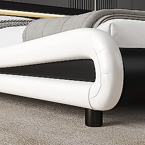 TTVIEW Low Profile Full Size LED Bed Frame with Adjustable Headboard, Modern Upholstered Platform Bed with Wood Slats Support, No Box Spring Needed, Black+White