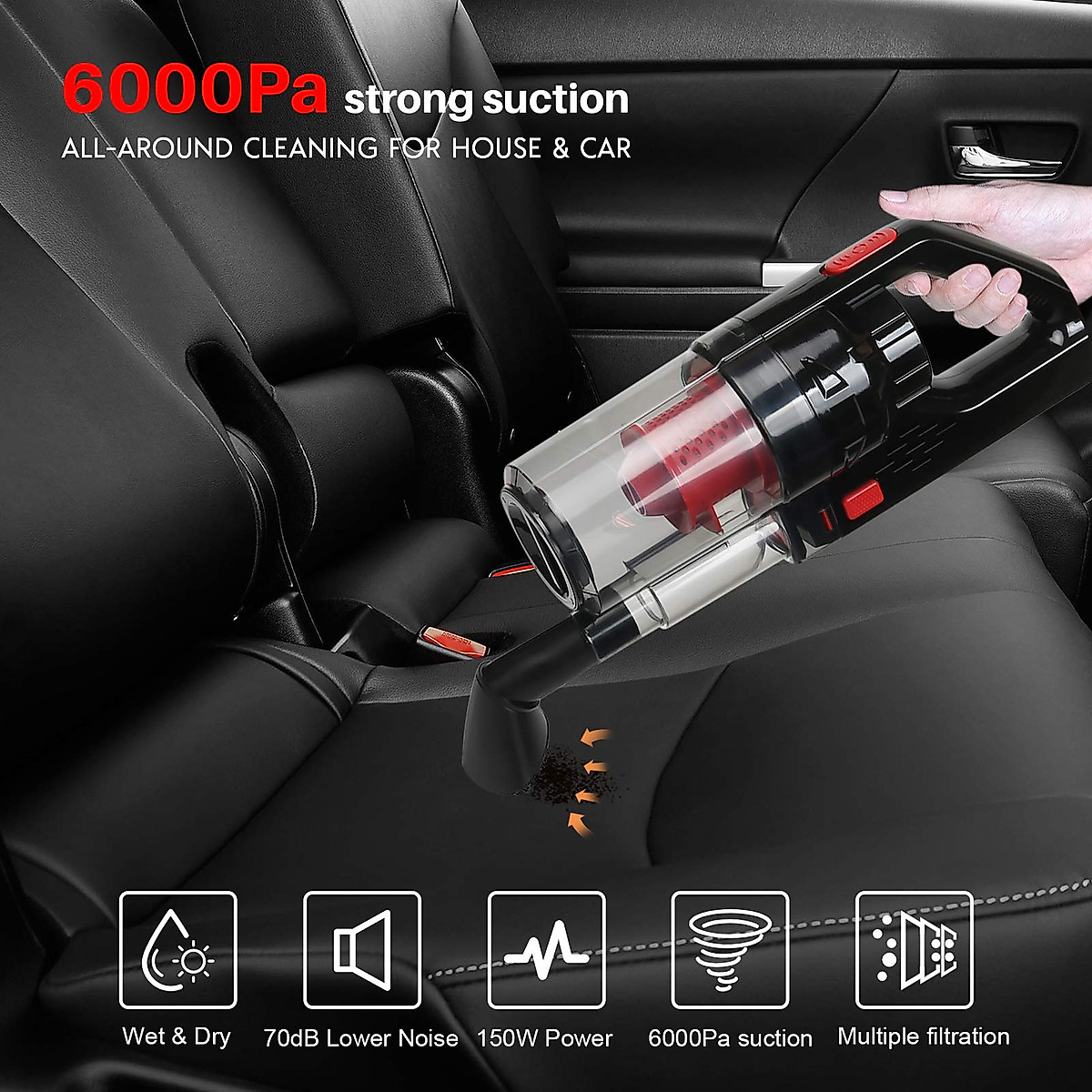 Alexsix Handheld Vacuum, Portable Car Vacuum Cleaner, 6000Pa Strong Suction, Cleaner Powerful Portable Wet Dry Cleaning for Pet Hair, Home, and Car Cleaning