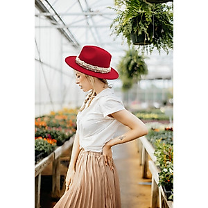 Qkrlamx Black Fedora Hats for Women Wool Panama Hat with Pearl Band Wide Brim Felt Hat Classic Trilby Hat Red